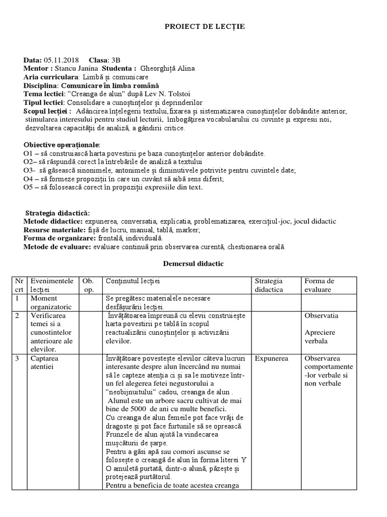 Proiect de Lecție - Fixare Si Sistematizare | PDF