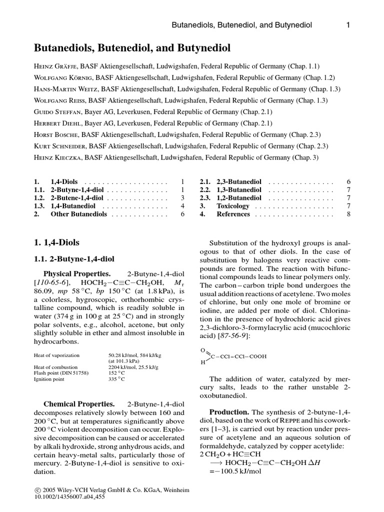 Butanediols, Butenediol, and Butynediol: 1. 1,4-Diols | PDF ...