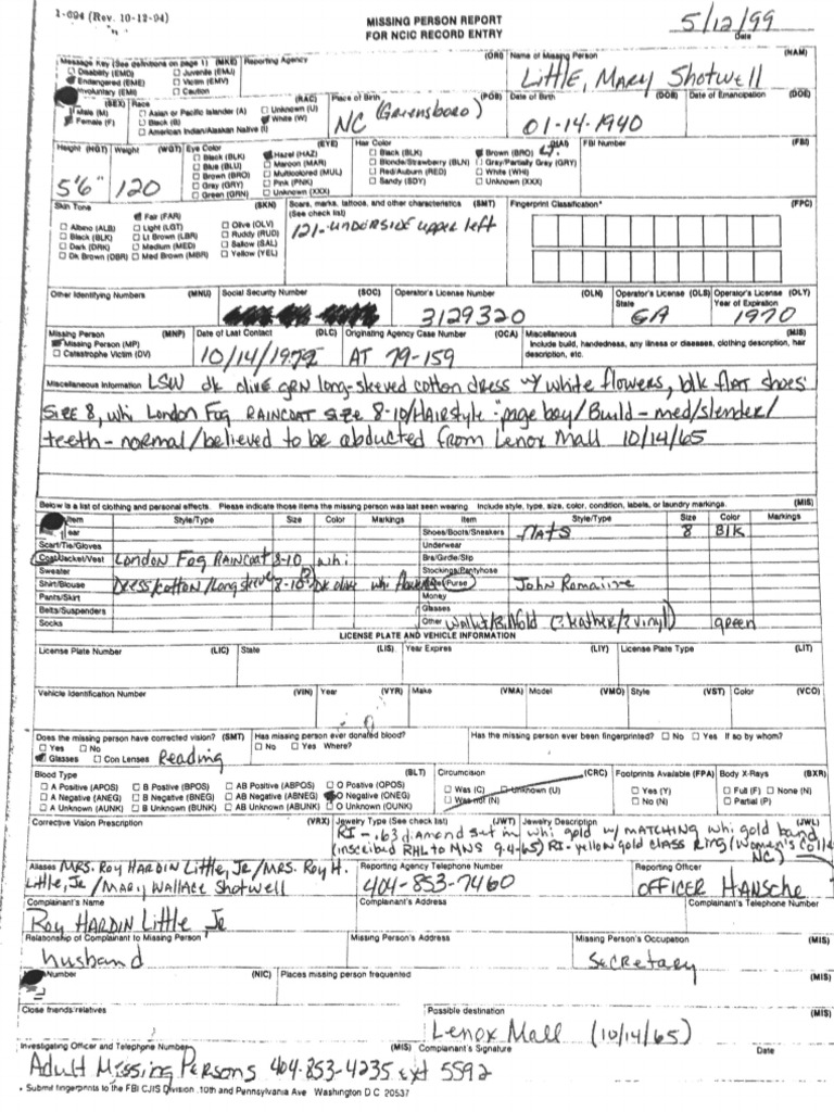 Missing Person Report: Mary Shotwell Little - 1965 | PDF