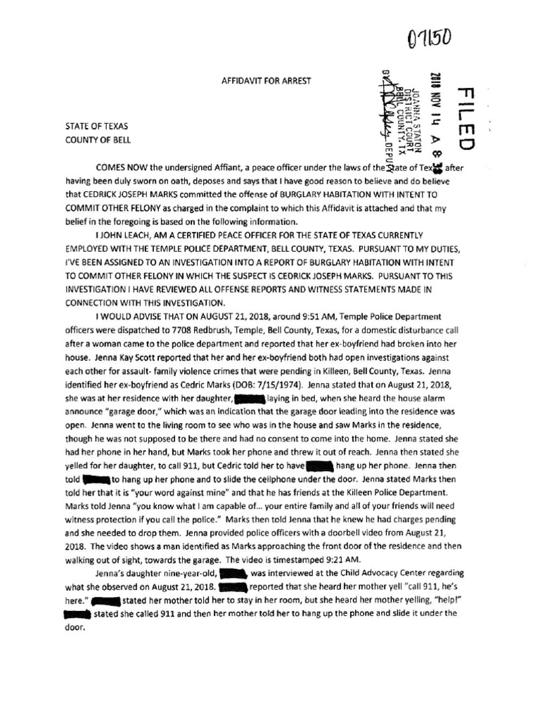 Redacted Arrest Affidavit For Cedric Marks | PDF