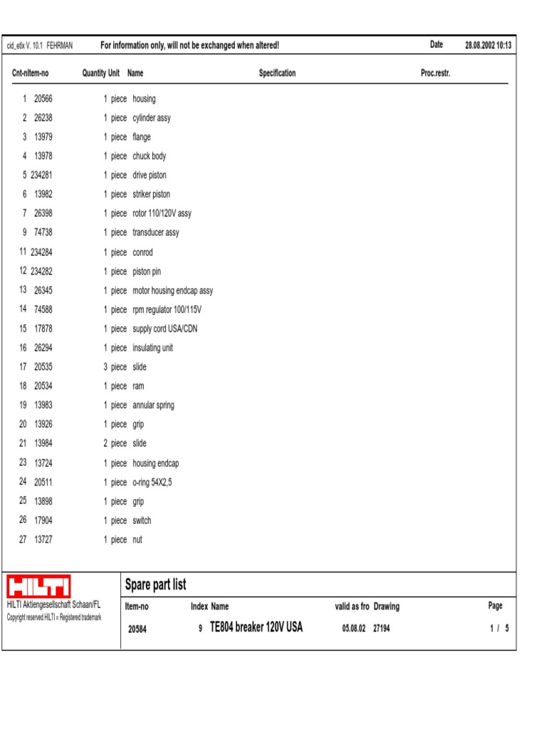 Hilti TE 804 and 905avr Parts | PDF | Mechanical Engineering | Machines