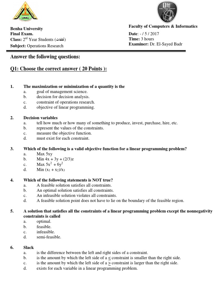 Answer The Following Questions: Q1: Choose The Correct Answer (20 ...