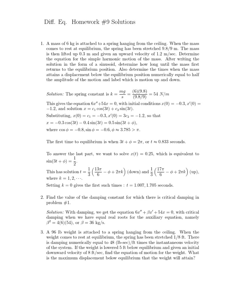 Diff. Eq. Homework #9 Solutions | PDF | Velocity | Classical Mechanics