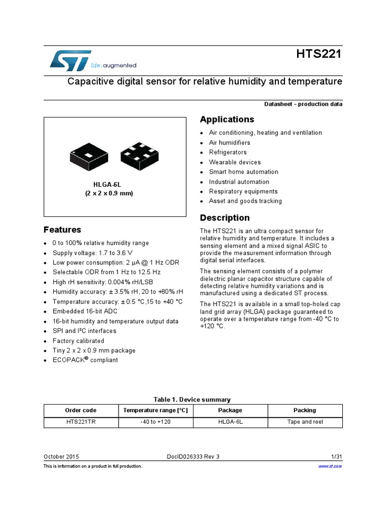 HTS221 Humidity and Temp Sensor-Digital | PDF | Digital Electronics | Computer Engineering