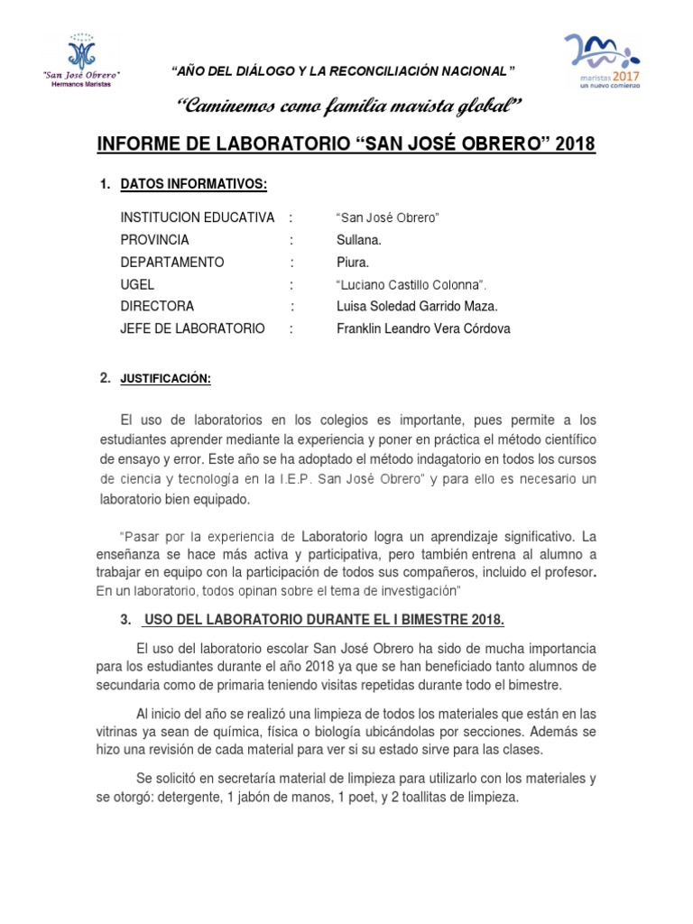 Informe de Laboratorio i Bimestre | Laboratorios | Educación Secundaria