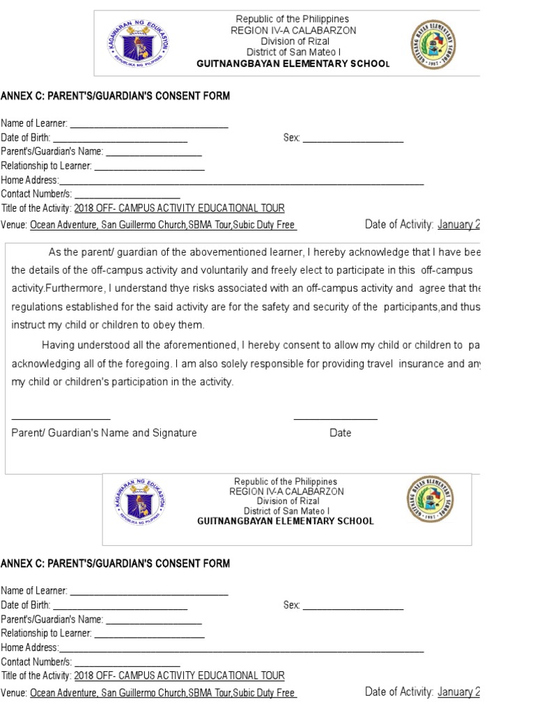 Parent consent form for educational tour | PDF | Consent ...