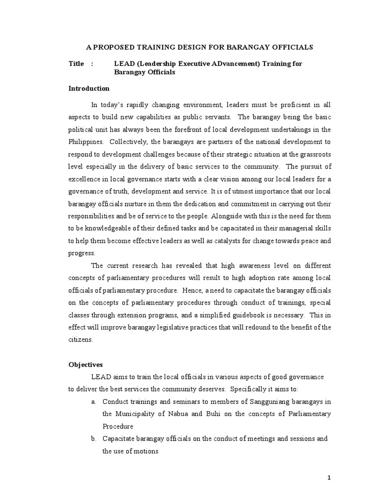 A Proposed Training Design For Barangay Officials | PDF | Parliamentary ...