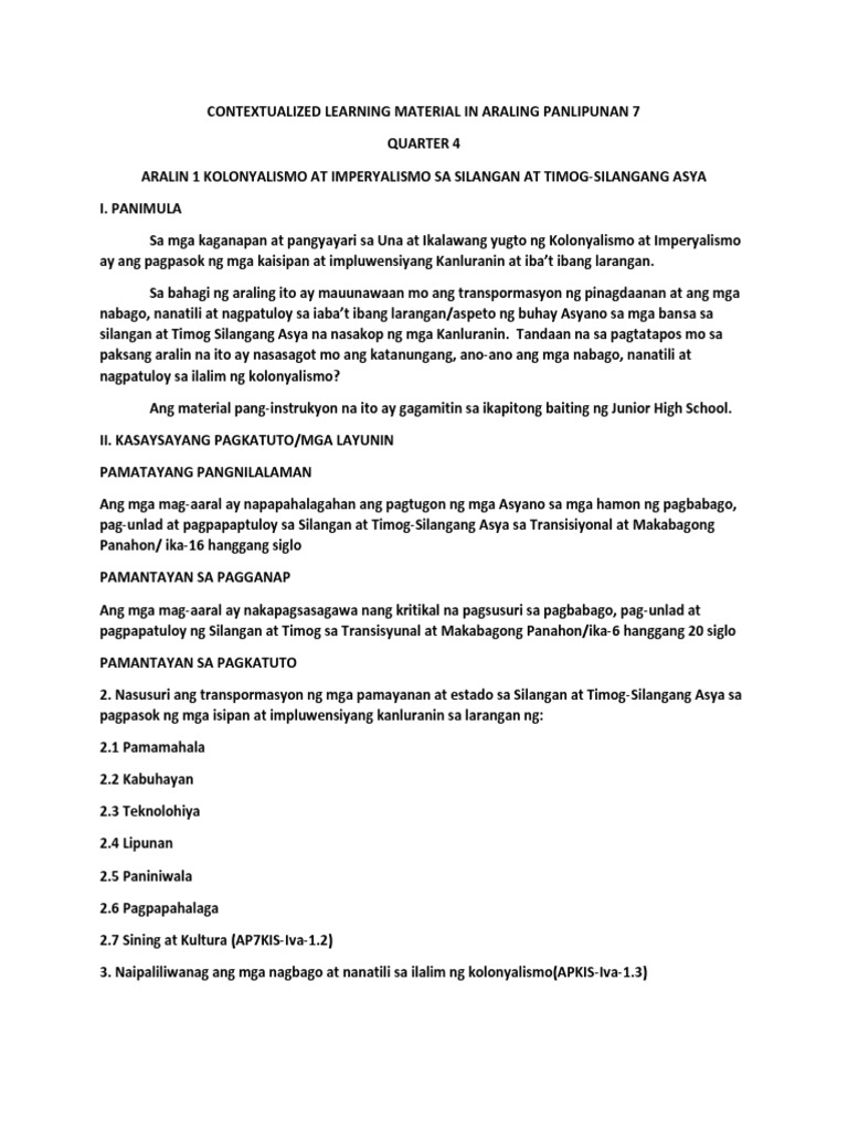 Contextualized Learning Material in Araling Panlipunan 7 New | PDF