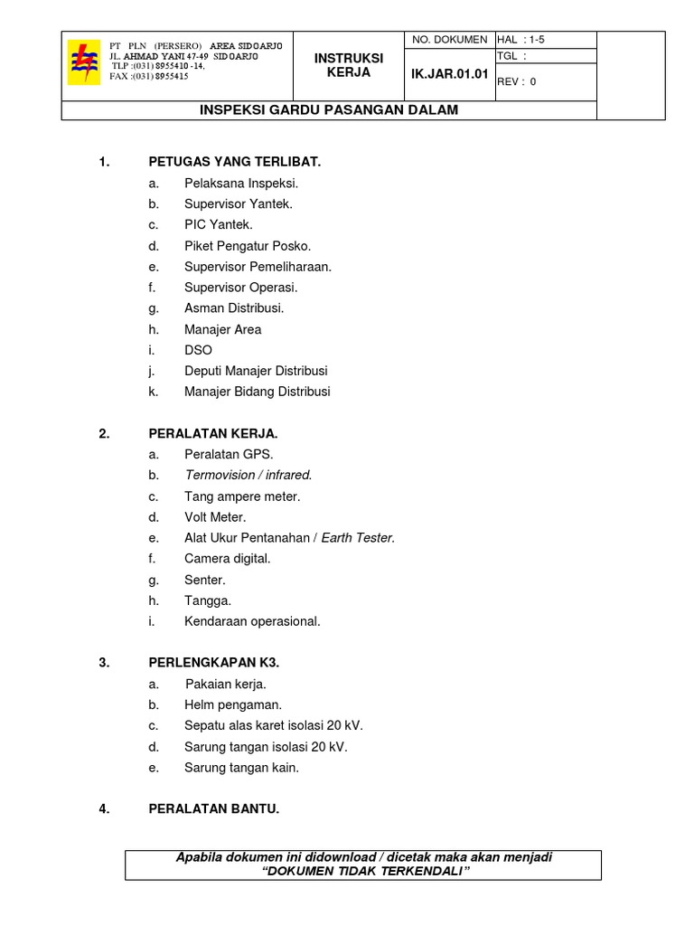 01 PK - Jar.01 Inspeksi Gardu Pasangan Dalam | PDF