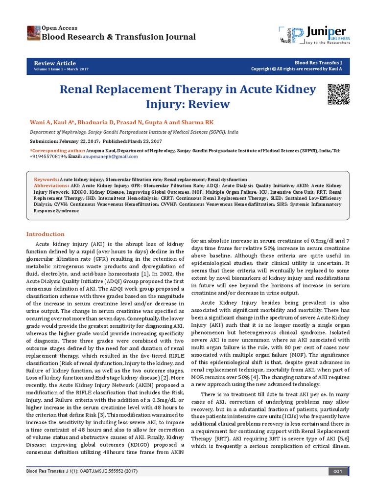 Renal Replacement Therapy in Acute Kidney Injury: Review: Blood ...
