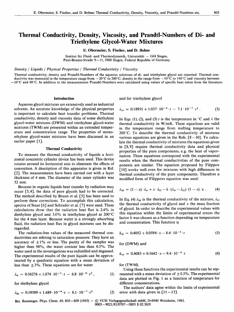 Prandtl Numbers of Glycol-Water Mixtures | PDF | Thermal Conductivity ...