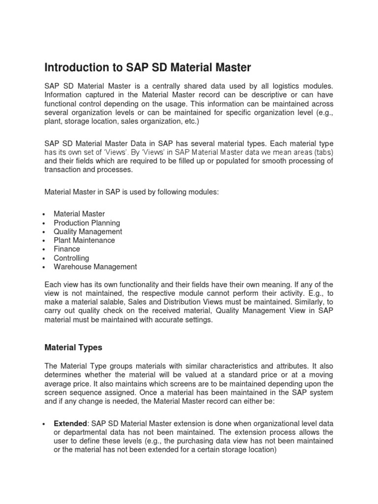 Introduction To SAP SD Material Master | PDF | Pricing | Sales