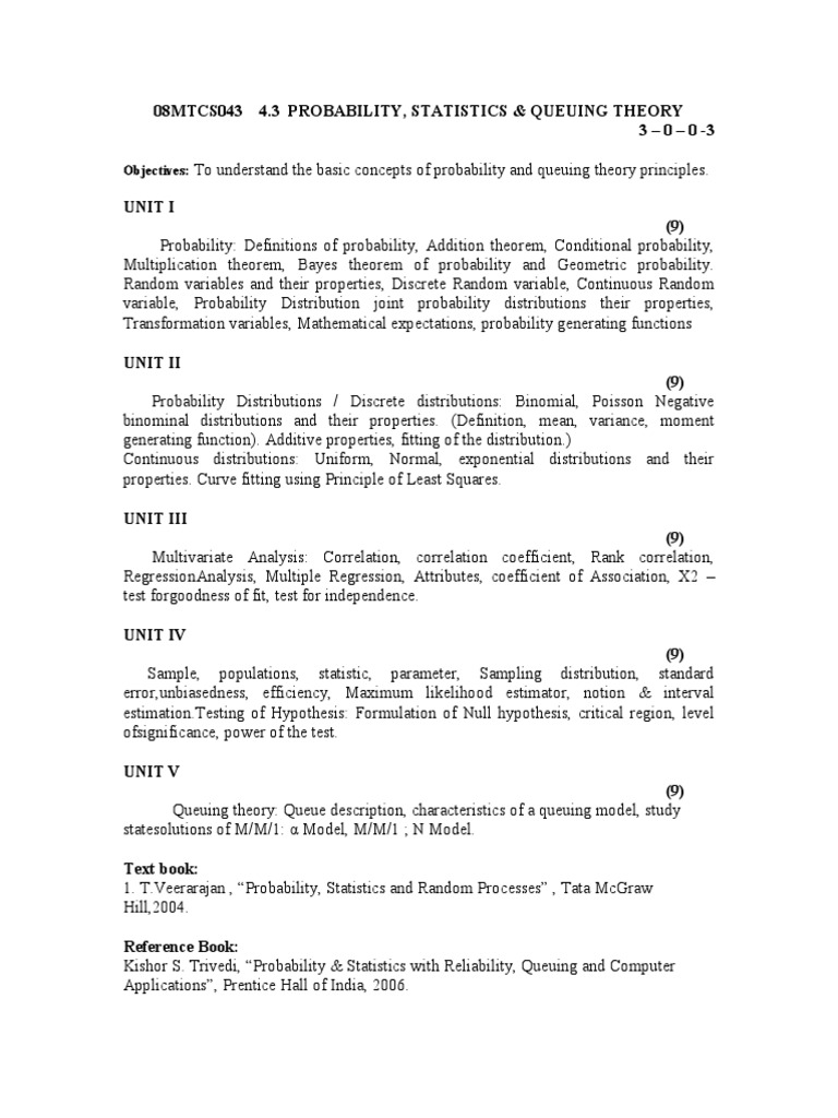 08Mtcs043 4.3 Probability, Statistics & Queuing Theory 3 - 0 - 0 - 3 | PDF