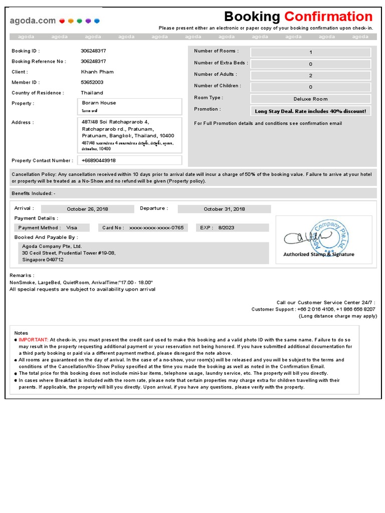 Confirmation For Booking ID # 306248317 Check-In (Arrival) PDF | PDF | Credit Card | Service ...
