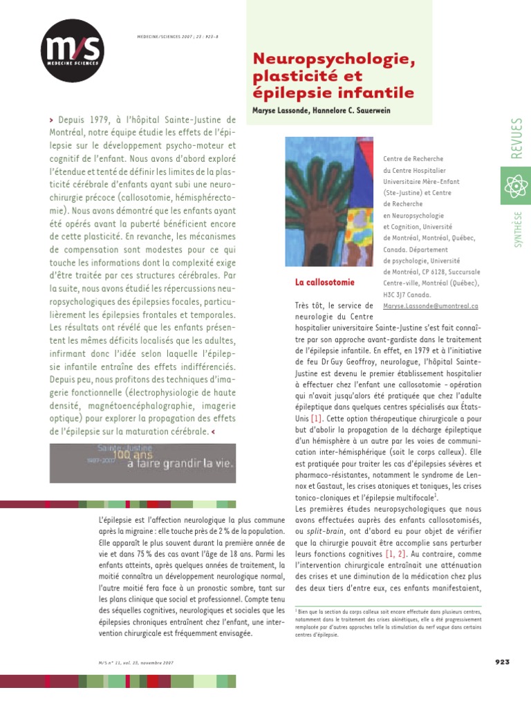 Impact de la callosotomie sur l'épilepsie | PDF | Plasticité neuronale ...