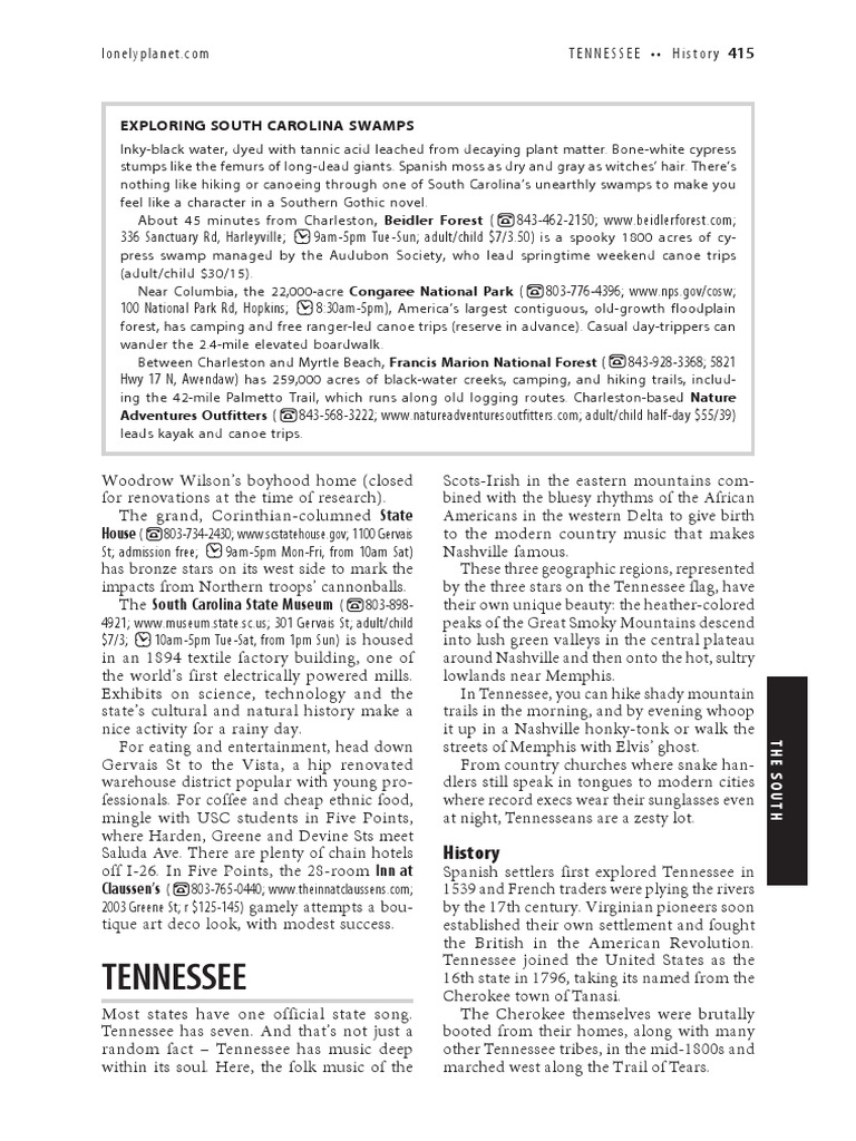 Tennessee: Exploring South Carolina Swamps | PDF | Tennessee | Memphis