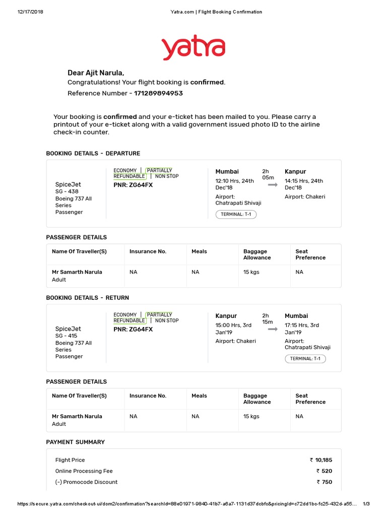 SAMARTH Yatra - Com - Flight Booking Confirmation | PDF | Aviation ...