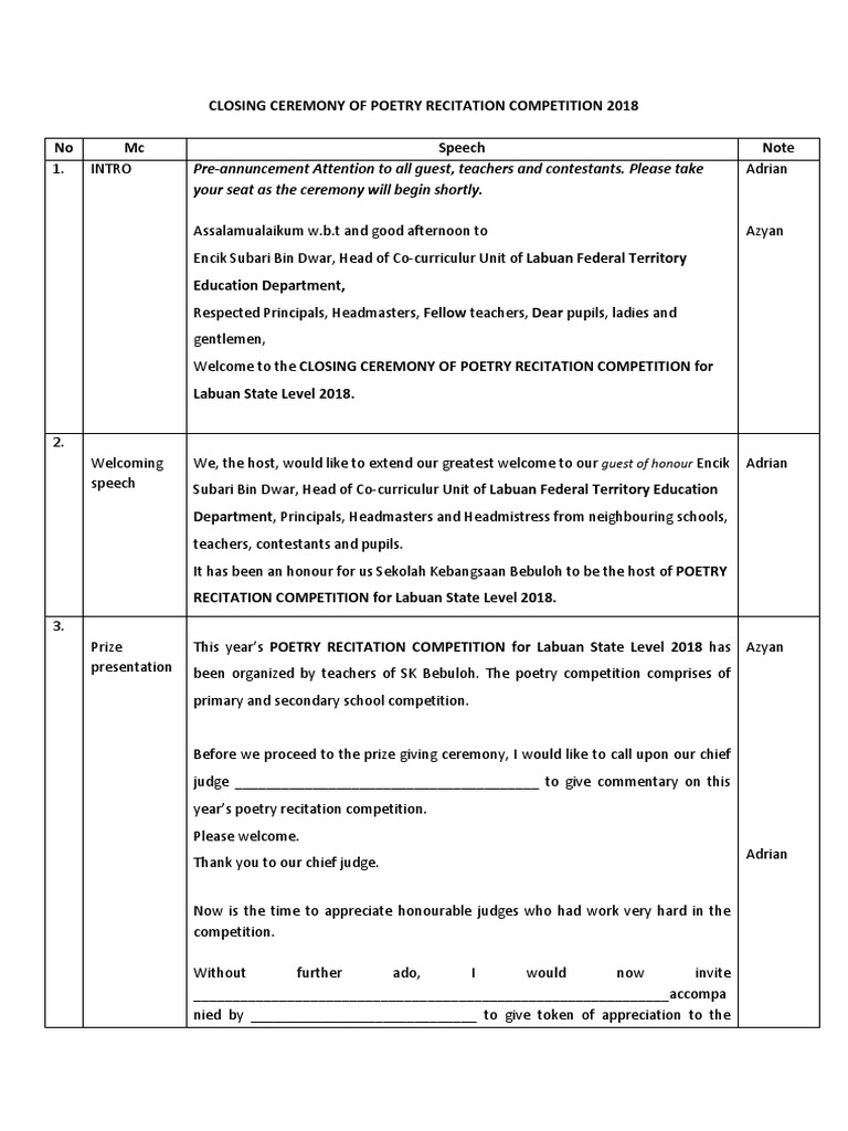 MC Text Closing Ceremony Poetry Recitation Competition | PDF | Academia