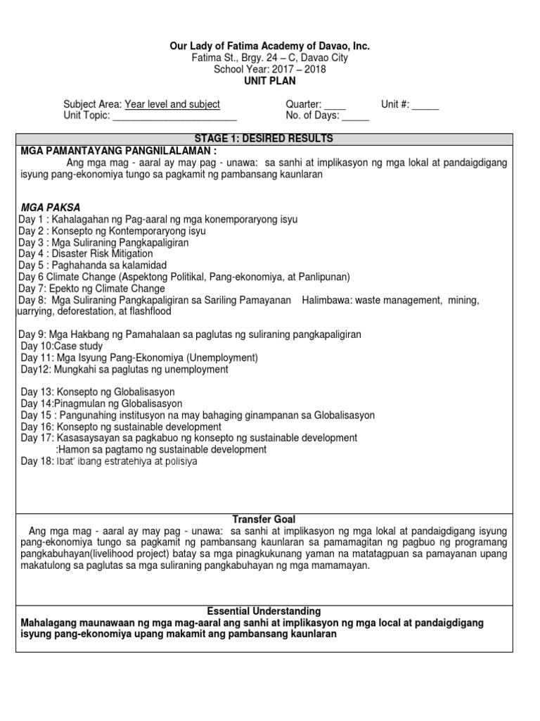 Aral Pan Unit Plan | PDF