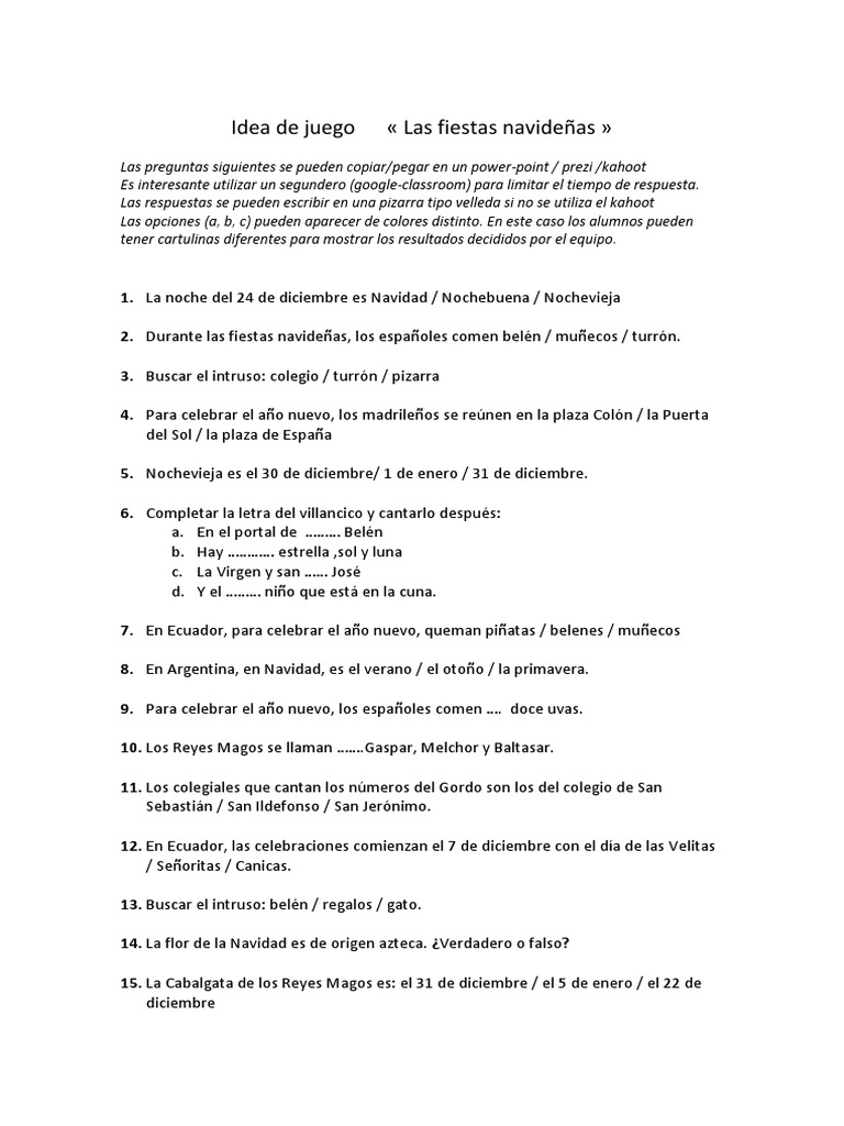 JUEGO Navidad Preguntas y Respuestas | PDF | Nochebuena | Navidad