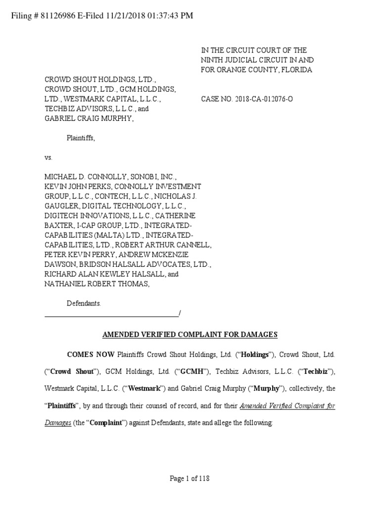 Verified Complaint for RICO, Racketeering Fraud vs. Sonobi Media ...