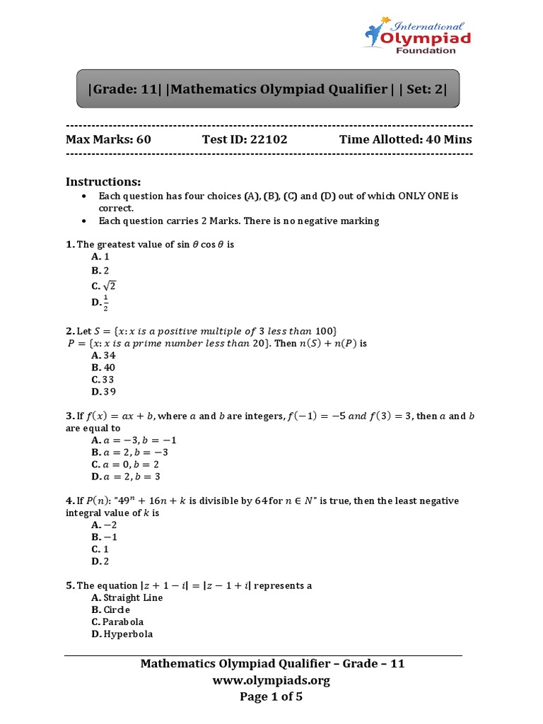Grade: 11 - Mathematics Olympiad Qualifier - Set: 2 | PDF | Triangle ...
