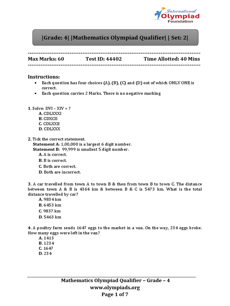 Grade: 4 - Mathematics Olympiad Qualifier - Set | PDF | Fraction ...
