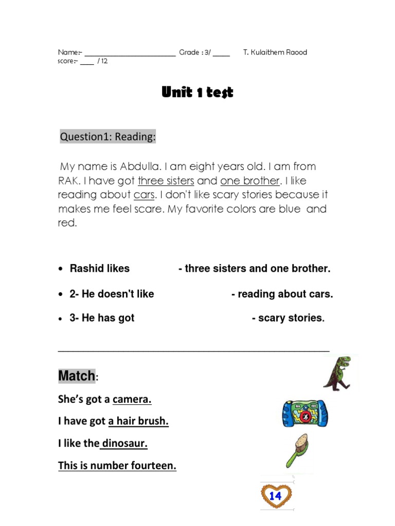 Grade 3 Unit 1 Reading Test Template | PDF