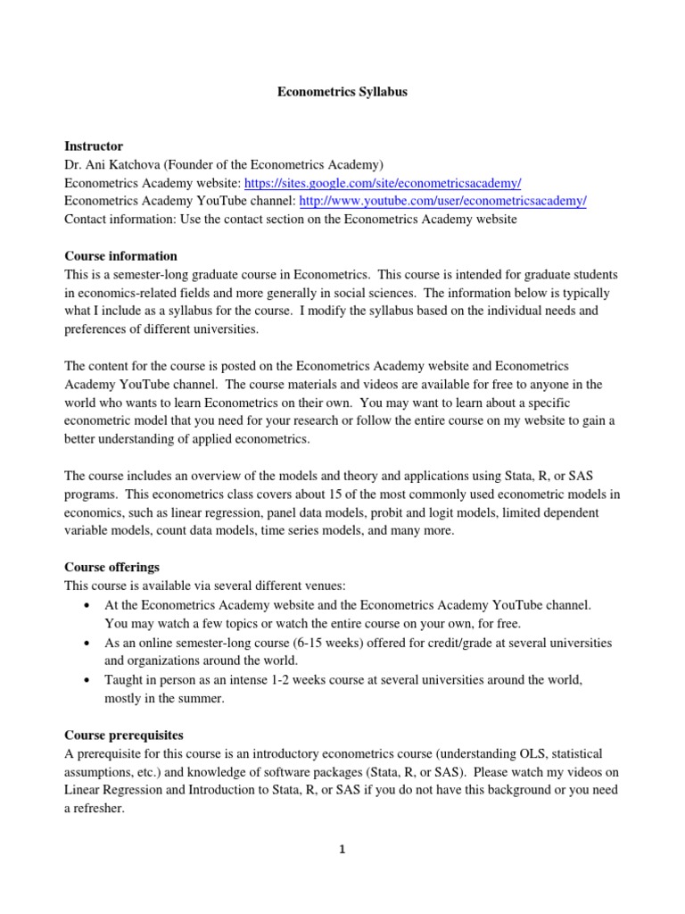 Econometrics Syllabus PDF | PDF | Econometrics | Regression Analysis