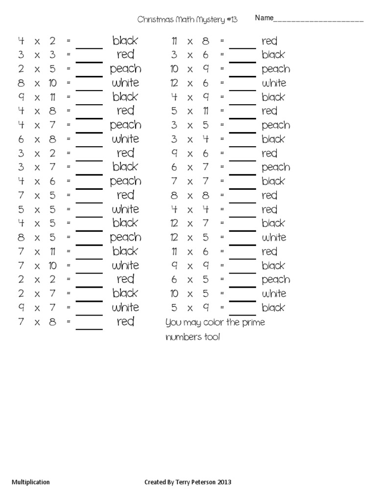 Christmas Math Mystery Picture 13 Multiplication | PDF