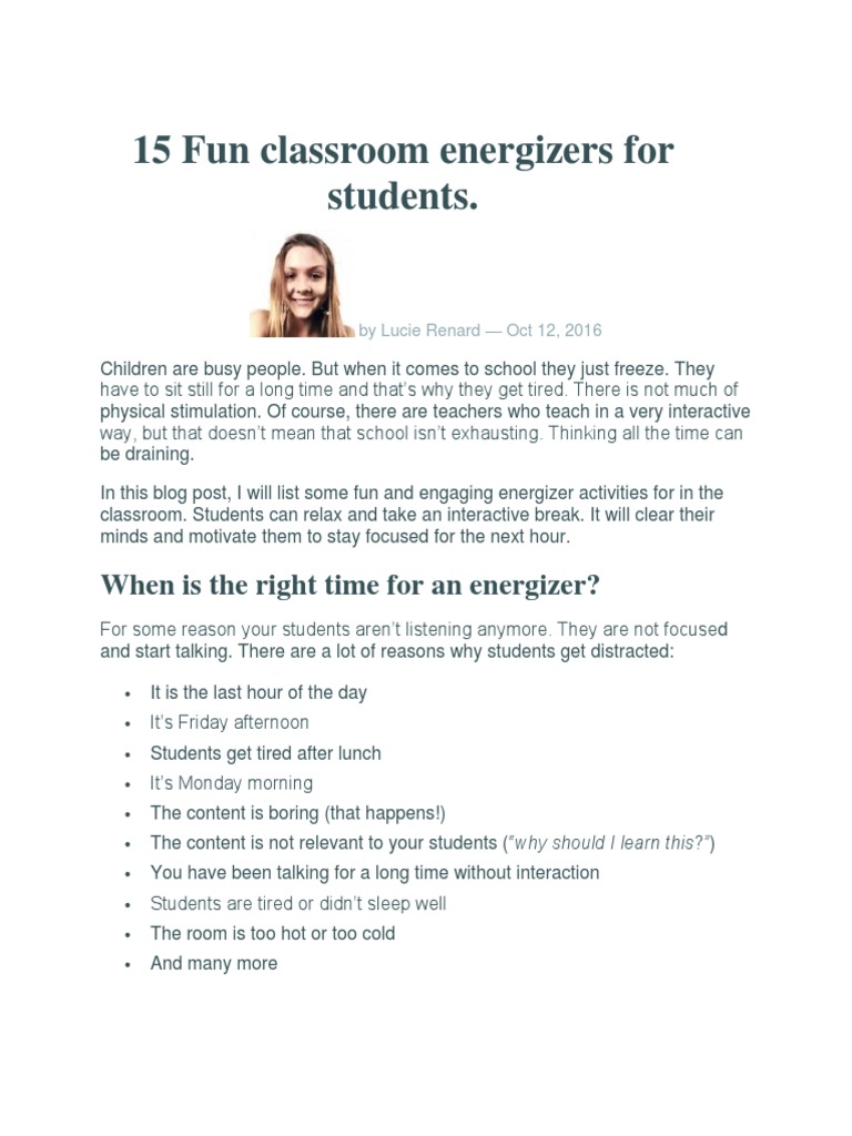 15 Classroom Energizers for Students | PDF | Classroom | Teachers