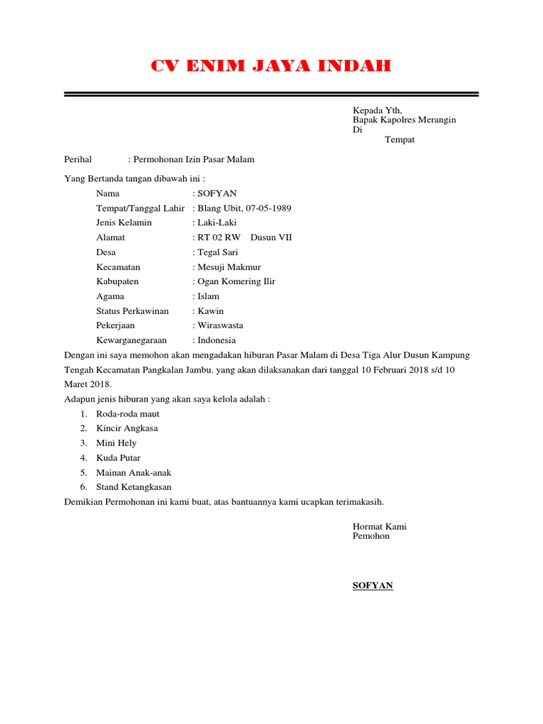 Permohonan Izin Pasar Malam Sofyan | PDF