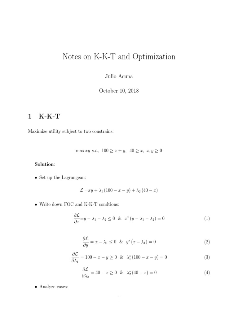 KKT Optimization Notes | PDF | Mathematical Optimization | Mathematical ...