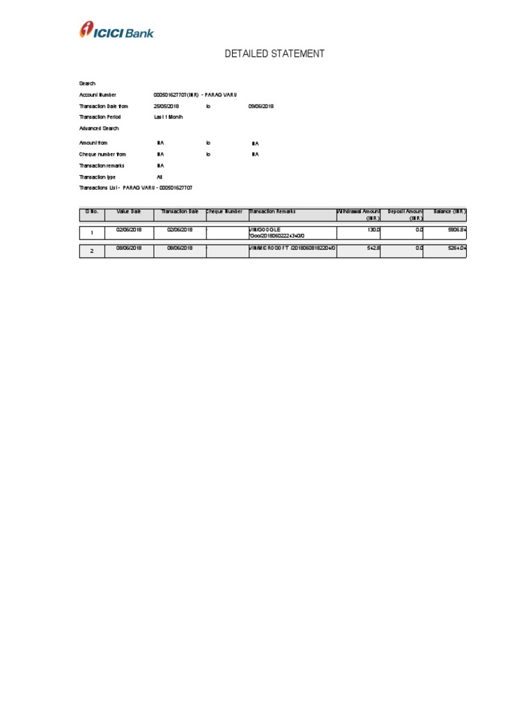 One Month Bank Statement for Parag Varu Detailing Two Online Transactions from June 2nd to June ...