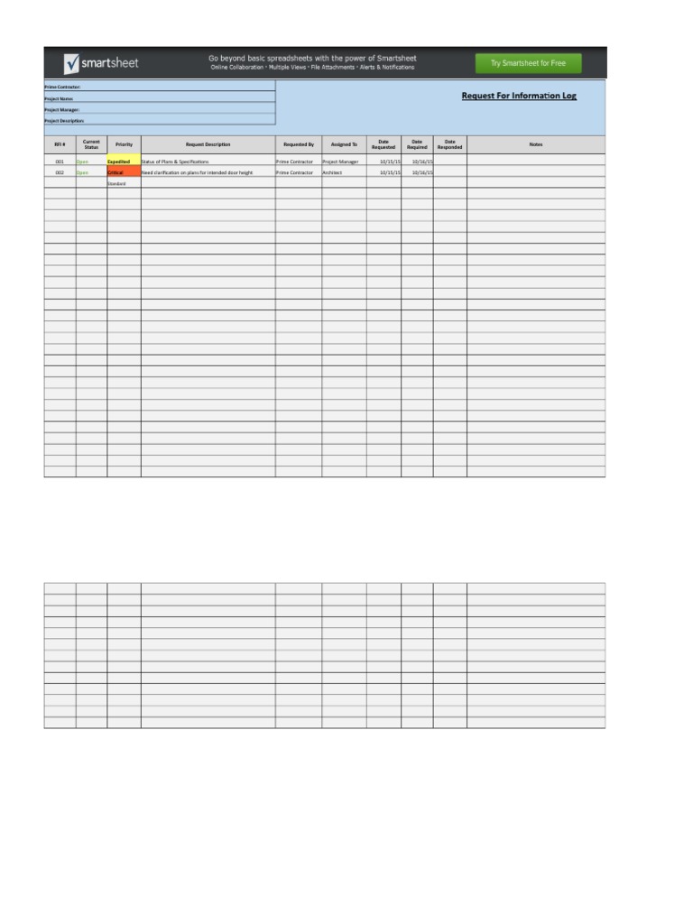 Excel Construction Project Management Templates Request For Information ...