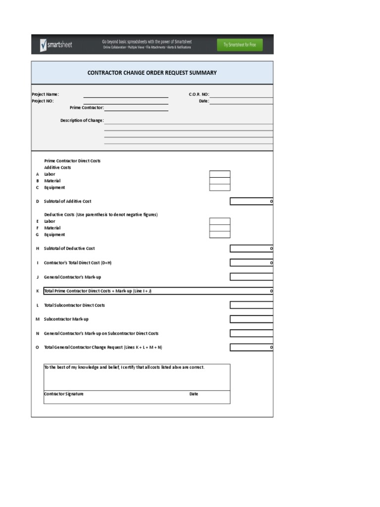 Excel Construction Project Management Change Order Request Summary ...