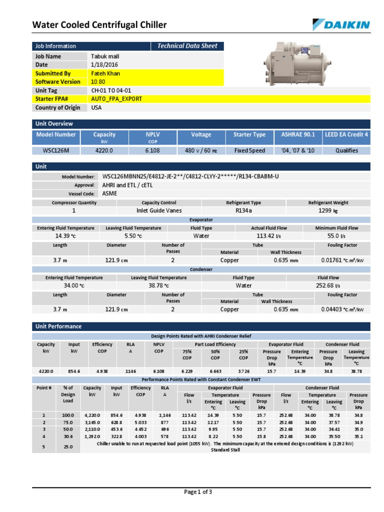 Water Cooled Centrifugal Chiller Technical Data Sheet for Tabuk Mall ...