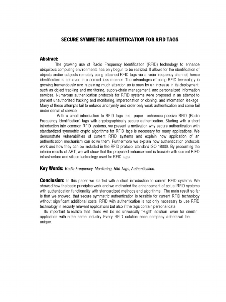 Secure Symmetric Authentication For Rfid Tags PDF | PDF