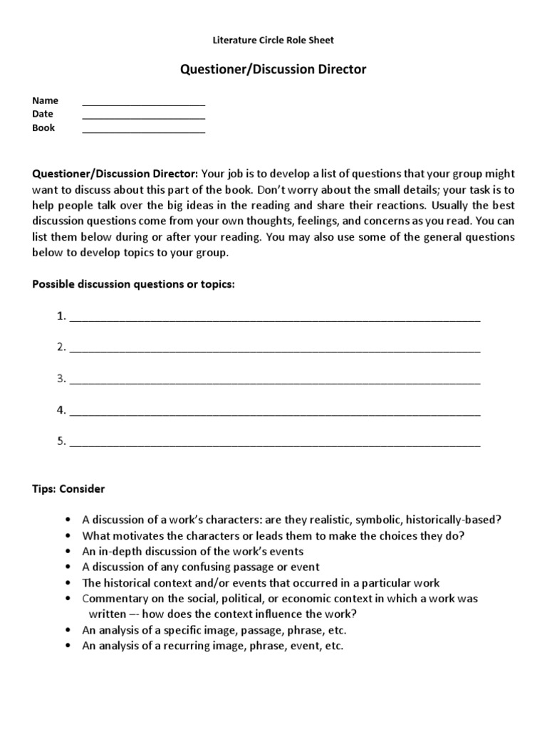 Literature Circle - Role Sheets | PDF | Books | Cognitive Science