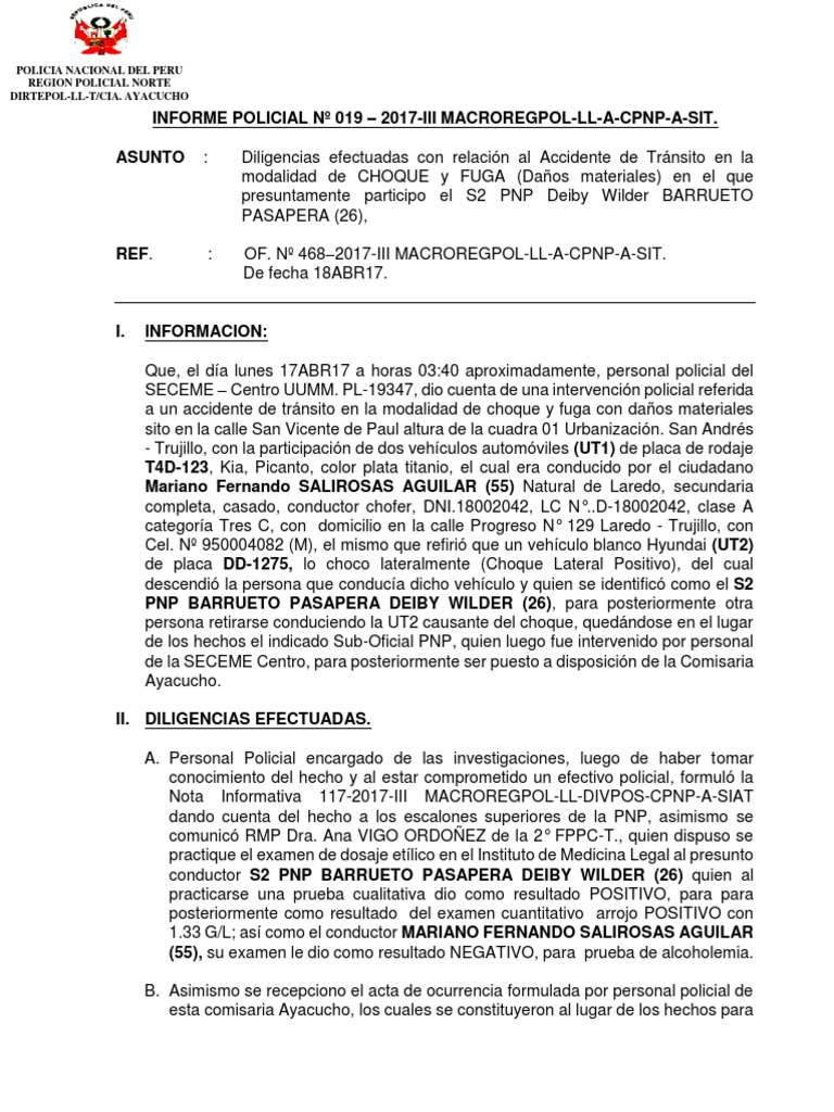 Informe Policial Choque Fuga PNP | PDF | Cumplimiento de la ley | Crimen y violencia