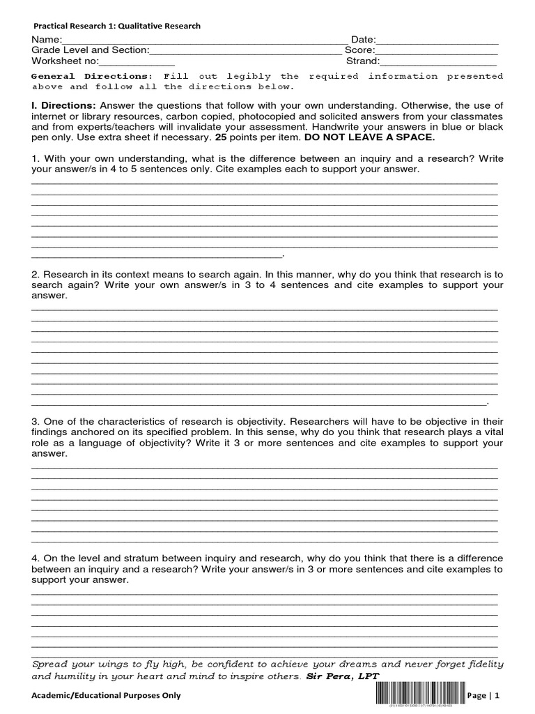 Practical Res. Worksheets | Download Free PDF | Qualitative Research ...