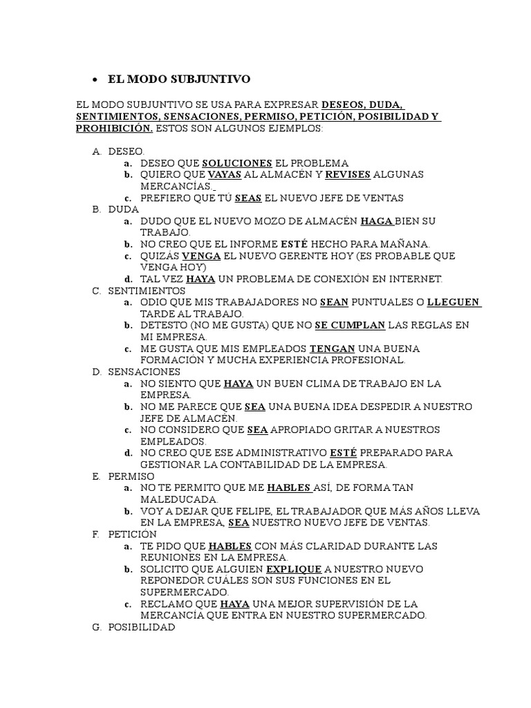 PARTE TEÓRICA (8) (Diferentes Usos Del Modo Subjuntivo y El Presente ...