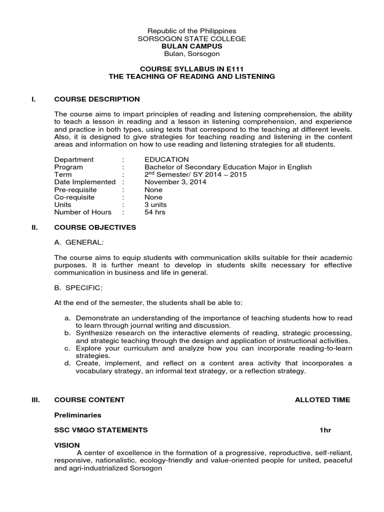 Syllabus Teaching Reading and Listening | Reading Comprehension ...