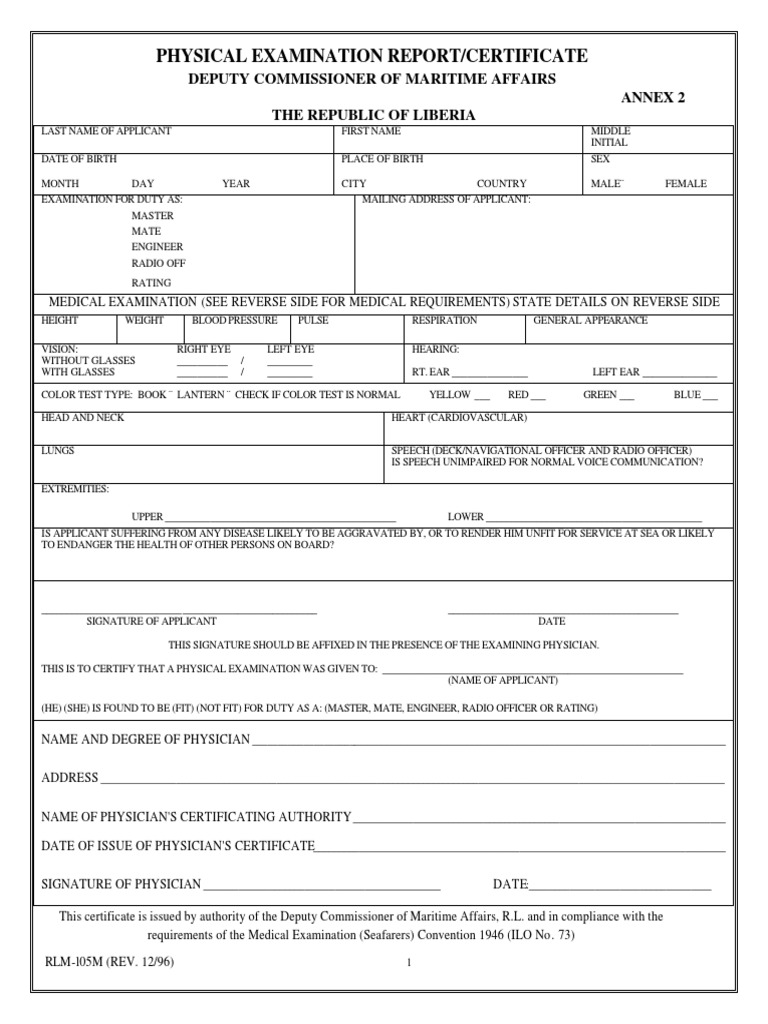 Liberia Seafarer Medical Examination Form | PDF | Physical Examination ...