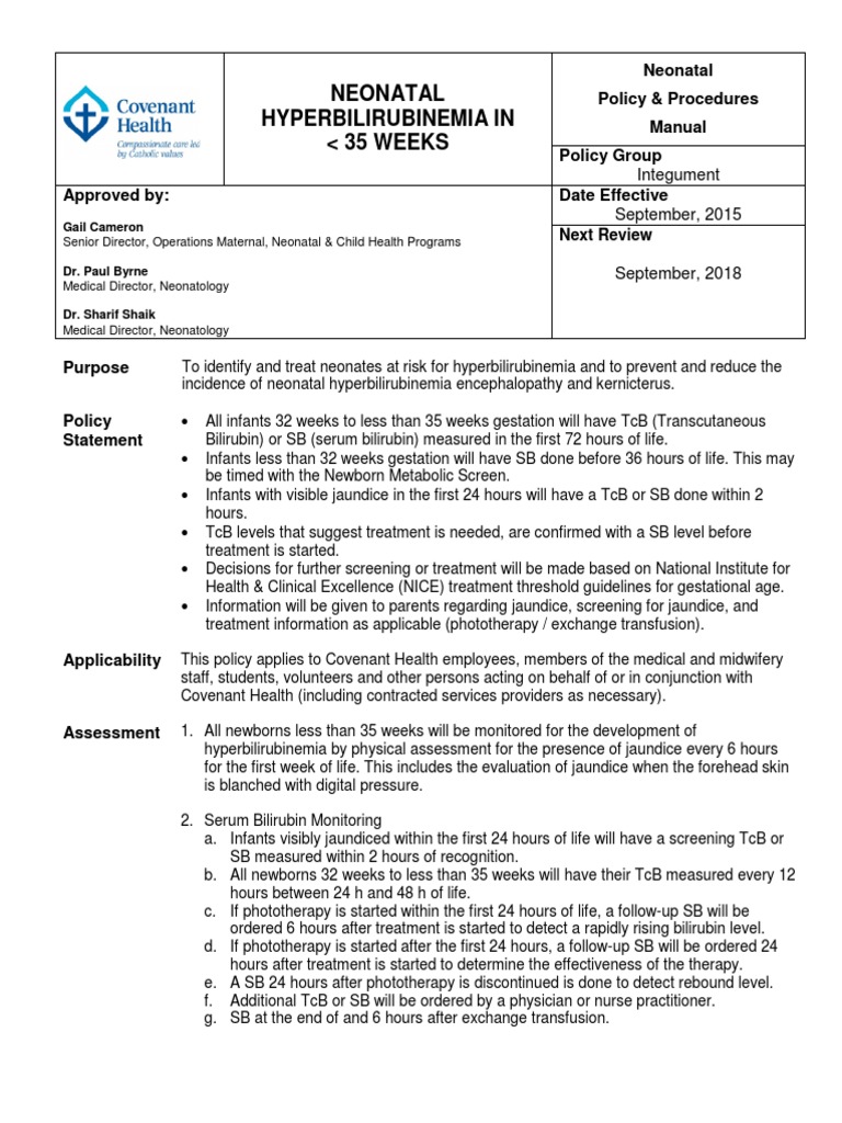 Neonatal Hyperbilirubinemia in 35 Weeks: Neonatal Policy & Procedures ...
