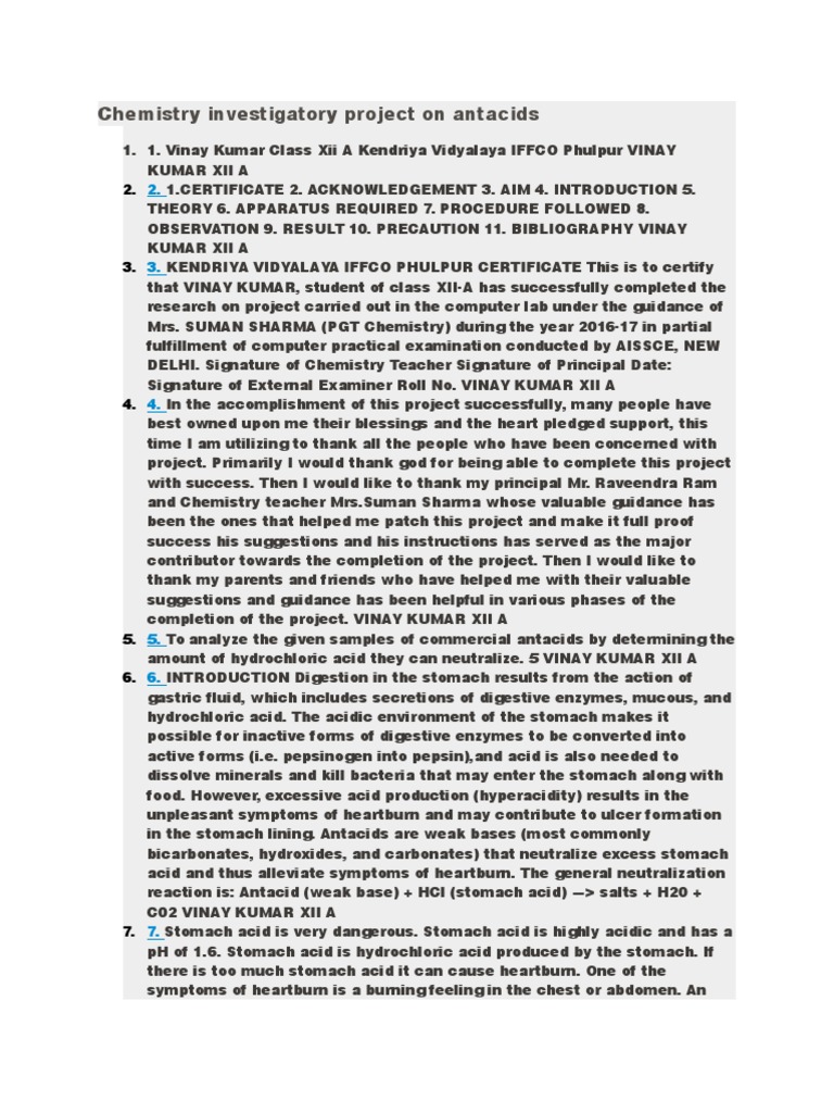 Chemistry Investigatory Project On Antacids | PDF | Hydrochloric Acid ...
