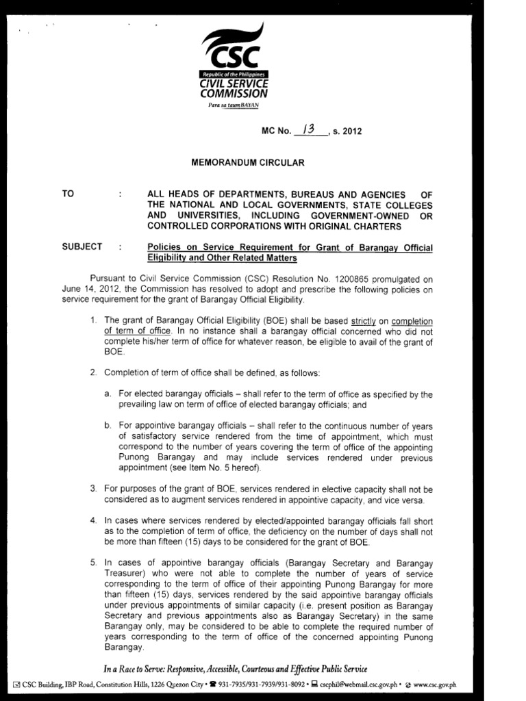 CSC Resolution On Brgy. Officials Eligibility | PDF