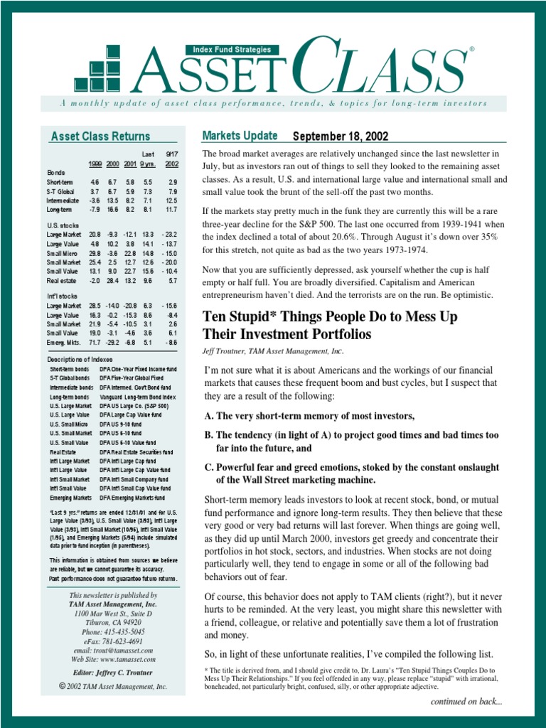 Markets Update Asset Class Returns: Ten Stupid Things People Do To Mess ...