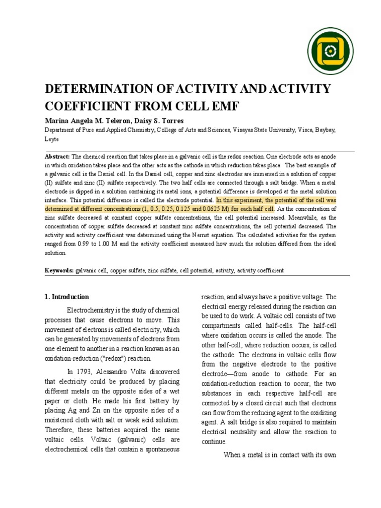 Determination of Activity and Activity Coefficient From Cell Emf 2 ...