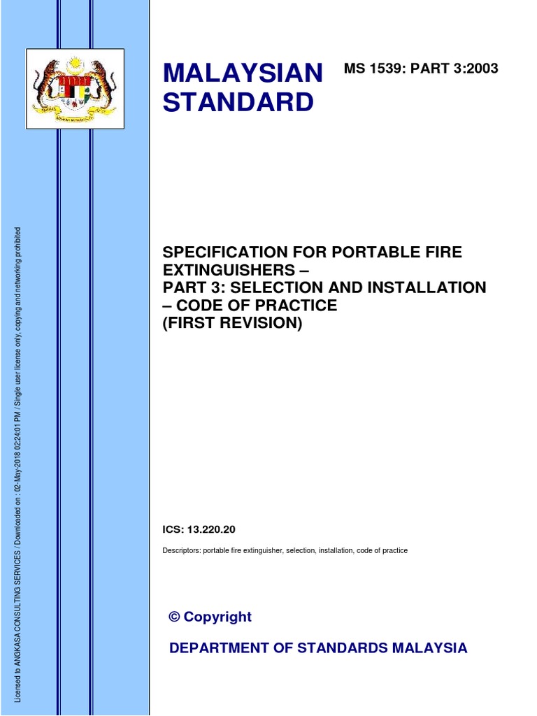 MS 1539 PT3 2003 Portable Fire Extinguisher PDF | PDF | Standardization ...